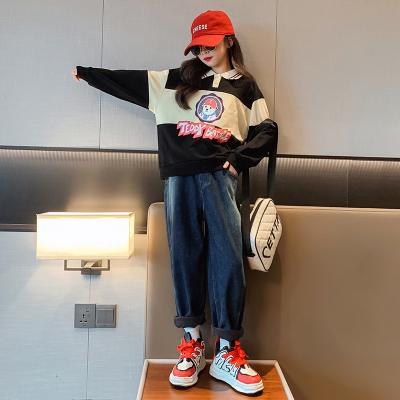 China Girls Warm Casual polo collar jumper Cartoon Printed Hoodie Two Piece Set for sale