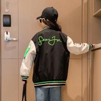 China Girls Black And White Baseball Jacket Thick Patchwork Printed Sizes 120-170 for sale