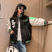 China Girls Black And White Baseball Jacket Thick Patchwork Printed Sizes 120-170 for sale