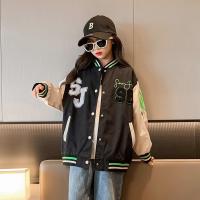 China Girls Black And White Baseball Jacket Thick Patchwork Printed Sizes 120-170 for sale
