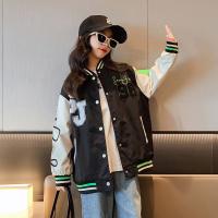 China Girls Black And White Baseball Jacket Thick Patchwork Printed Sizes 120-170 for sale