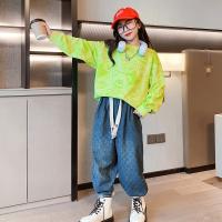 China Spring and autumn print Bear sport jumper hoodie fluorescent green cartoon trend top girls Korean edition two-piece set for sale