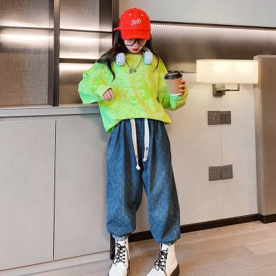China Spring and autumn print Bear sport jumper hoodie fluorescent green cartoon trend top girls Korean edition two-piece set for sale