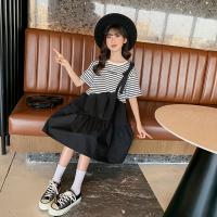 China Short Sleeves Childrens Dress Clothes Striped Fake 2 Piece Dress for sale