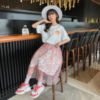 China Girls Suit Summer White Round Collar T-Shirt Net Gauze Skirt Two Sets for sale