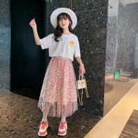 China Girls Suit Summer White Round Collar T-Shirt Net Gauze Skirt Two Sets for sale