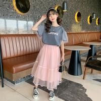 China Girls Gray Round Collar T-Shirt Net Gauze Skirt Summer Dress Two Sets for sale