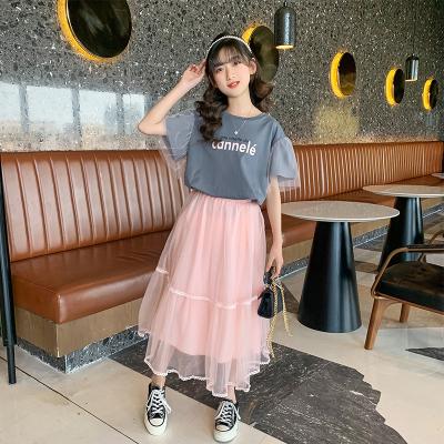 China Girls Gray Round Collar T-Shirt Net Gauze Skirt Summer Dress Two Sets for sale