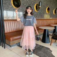 China Girls Gray Round Collar T-Shirt Net Gauze Skirt Summer Dress Two Sets for sale