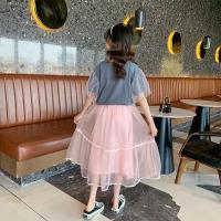 China Girls Gray Round Collar T-Shirt Net Gauze Skirt Summer Dress Two Sets for sale