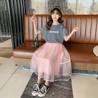 China Girls Gray Round Collar T-Shirt Net Gauze Skirt Summer Dress Two Sets for sale