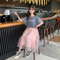 China Girls Gray Round Collar T-Shirt Net Gauze Skirt Summer Dress Two Sets for sale