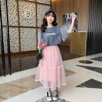 China Girls Gray Round Collar T-Shirt Net Gauze Skirt Summer Dress Two Sets for sale