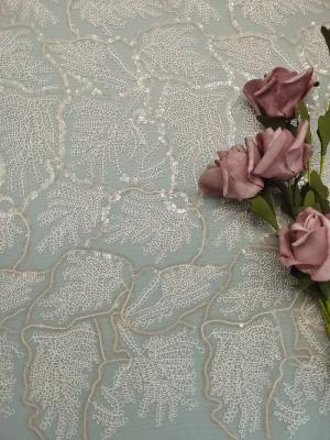 China Leafy Embroidered Pink Sequin Lace Fabric Tulle Material Poly Embroidery Yarn for sale