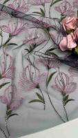 China Tulip Flower Lace Colored Embroidery Fabric Lady Dress Textile for sale