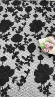 China Black Corded Floral Pattern Embroidered Mesh Lace Fabric 129cm Width For Wedding Dresses for sale