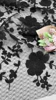China Black Corded Floral Pattern Embroidered Mesh Lace Fabric 129cm Width For Wedding Dresses for sale