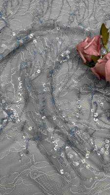 China 45 Inch High Quality Blue Color Floral 3D Sequin Tassels Embroidery Lace DressFabric For Women Fashion Dress for sale