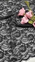 China Full Width Stretch Lace Fabric In Black Elegant Floral Patterns And Scalloped Edges For Fashion Women Dress for sale
