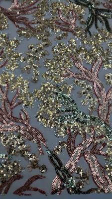 China Leafy Sequin Embroidery Lace  Fabric Durable and Elegant Luxary  Fabric Wedding Party Occasions Sequin Embroidery Fabric for sale