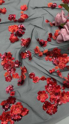 China New Collection Red Sequin Embroidered Lace Fabric 3D Floral Elegent Wedding Embroidery Fabric for sale
