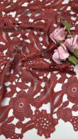 China Leafy Embroidery Lace Fabric Hollow up Breathe Elegant Red Color Lace Fabric for sale