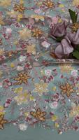 China 3D Flower Lace Fabric Mesh Lace For Gowns 100% Polyester Colorful Sequin Embroidered Fabric for sale