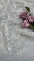 China Mesh White Floral Pleated Lace Fabric for Gowns High Intricate Embroidery Wedding Dresses for sale