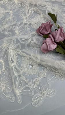 China Mesh White Floral Pleated Lace Fabric for Gowns High Intricate Embroidery Wedding Dresses for sale