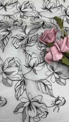 China White And Black Floral Embroiedered Lace Fabric for Womens Luxury Tulle Mesh Fabric for sale