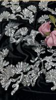 China Leafy Black Flocked Tulle Lace Sequins  Sliver Detailed Fabric For Statement Formal Dresses for sale