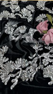 China Leafy Black Flocked Tulle Lace Sequins  Sliver Detailed Fabric For Statement Formal Dresses for sale