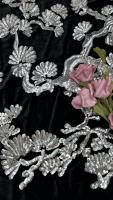 China Leafy Black Flocked Tulle Lace Sequins  Sliver Detailed Fabric For Statement Formal Dresses for sale