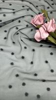 China Flocked Mesh Lace With Embroidered Sheer Elegance With Subtle Design for sale