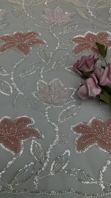 China Beaded Floral Embroidered Lace Fabric Hollow-up Mesh Polyester for Evening Dresses for sale