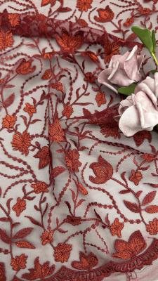 China Red Embroidered Lace Fabric Leafy Mesh Ground for Party Dresses Clothing for sale