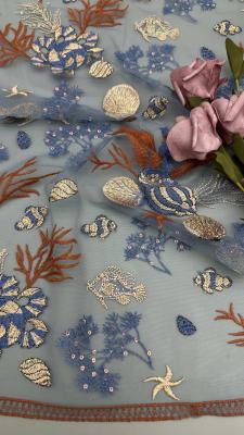 China Sea Fish Embroideded Chinese Culture Luxary Mesh Funny Breathe Fabric For Party Gowns for sale