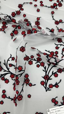 China Flocked Mesh Fabric High Luxary Flowers for Elegant  Traditional Bridal Wedding Dress for sale