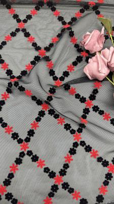 China Samll Flower Rose & Black Flocked Mesh Lace Quality Customized for Gown for sale