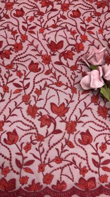 China Red Mesh Embroidered Lace Fabric Luxary Embroiedered Floral Customized Factory for Gowns for sale