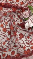 China Red Mesh Embroidered Lace Fabric Luxary Embroiedered Floral Customized Factory for Gowns for sale