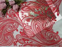 China Red Tulle Mesh Bridal Dress Embroidery Paisley Lace Fabric for sale