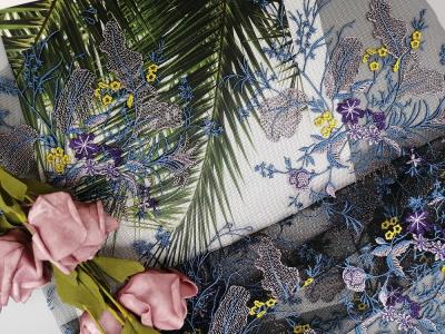 China Polyester Purple Tulle Floral Embroidered Mesh Fabric By The Yard for sale