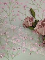 China Pink Flower Lace Fabric OEM Embroidery 3D Sequin Lace Fabric for Dress for sale