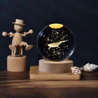 China 6cm 3D Art Crystal Ball Night Light with Wooden Base Warm Light Table Lamp Decoration for sale