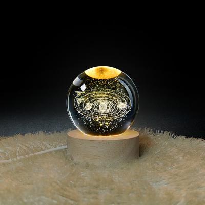 China Crystal Glass Ball Night Light 6cm Warm White Wooden Base LED Display Stand for sale