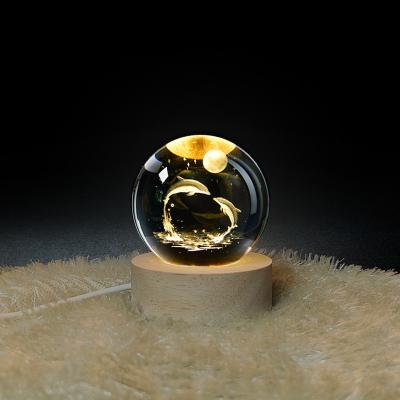 China Crystal Ball Night Light 6cm Warm LED Decorative Lamp Rubber Wood Base for sale