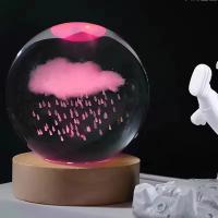 China Crystal Glass Ball Night Light 6cm Warm White Wooden Base LED Display Stand for sale