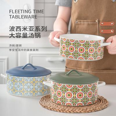 China Double Ear Noodle Salad Bowl With Lid Dinnerware Soup Noodle Bowl Set Ceramic Soup Pot for sale