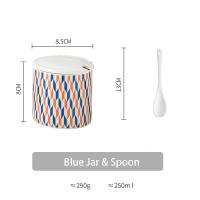 China Convenient Diamond Pattern Ceramic Spice Container With Spoon And Lid Multifunctional for sale